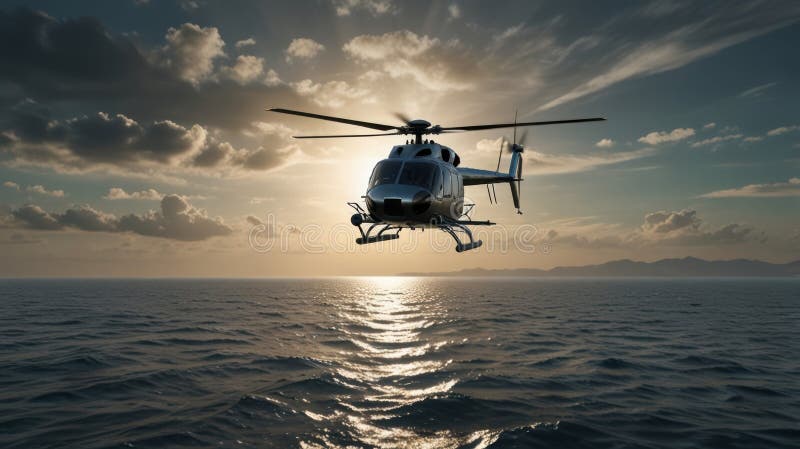 Silver Helicopter Flying Over the Sea with Ocean Background Stock ...