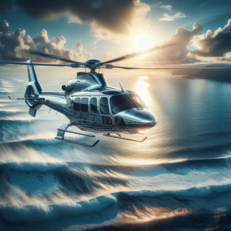 Silver Helicopter Flying Over the Sea with Ocean Background Stock ...