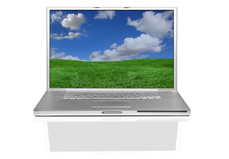 Silver Hip Laptop Computer with Beautiful Desktop Stock Photo - Image ...