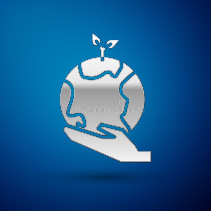 Silver Human Hands Holding Earth Globe Icon Isolated on Blue Background ...