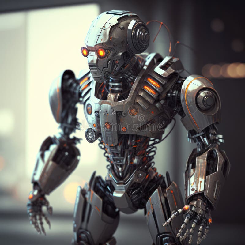 Silver Human Robot with Red Eyes in City, Created Using Generative Ai ...