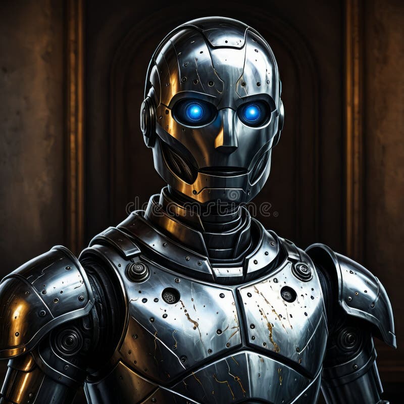 Silver Humanoid Robot with Blue Eyes in Dim Light Stock Photo - Image ...