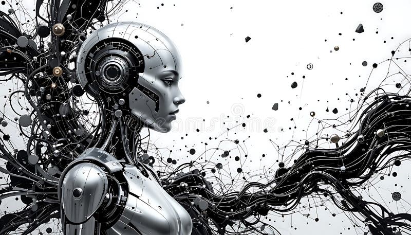 Silver Humanoid Robots in Black, White Abstract Tecnology Background ...