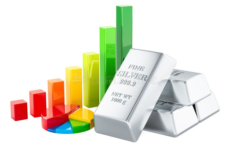 Silver Ingots with Growth Bar Graph and Pie Chart, 3D Rendering Stock ...