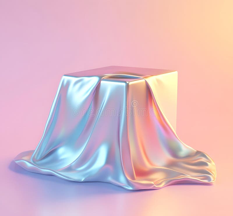 A Silver Iridescent Fabric Draped Over a Cube on a Pink and Orange ...