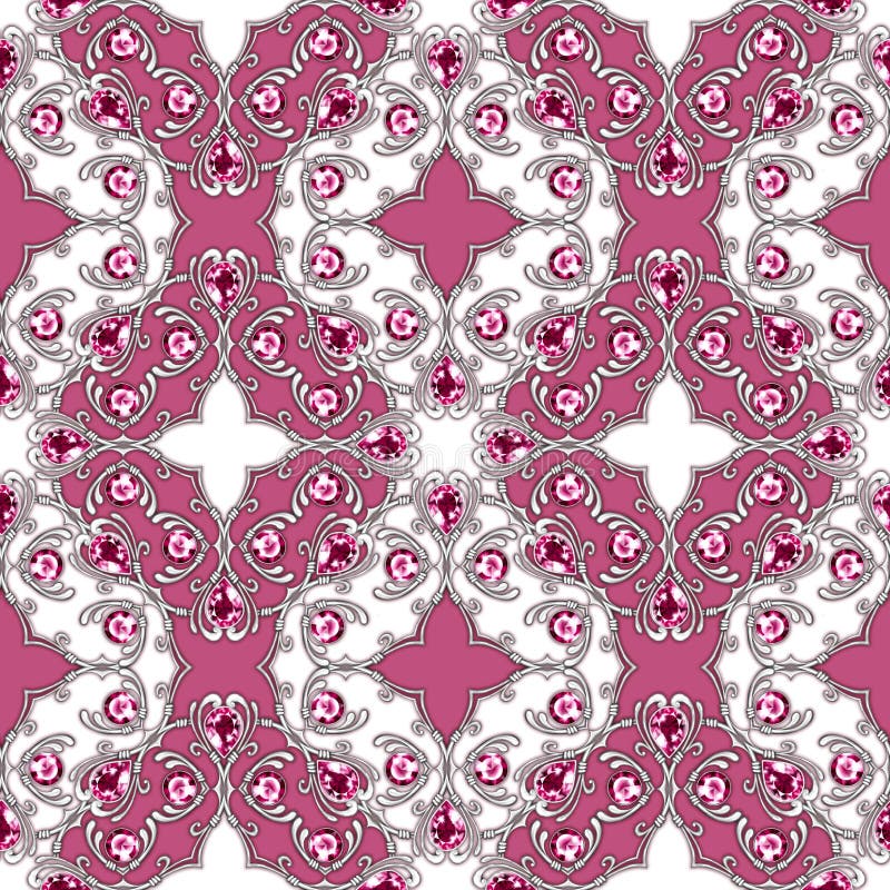 Silver Jewelry Seamless Pattern with Pink Gems. Luxury Background ...