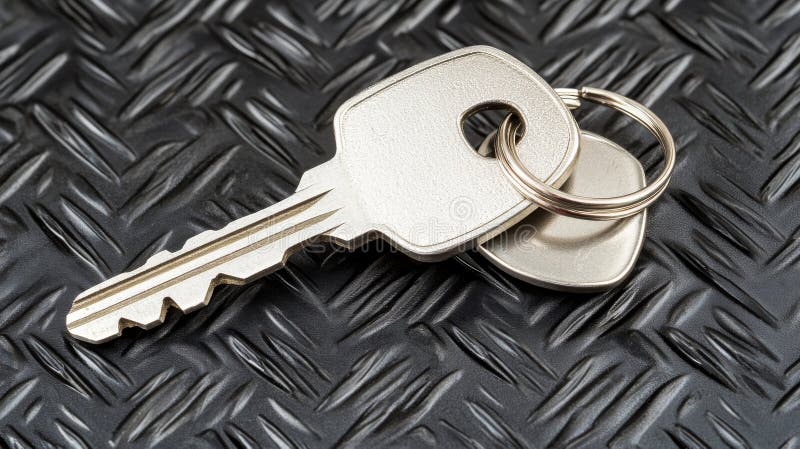 A Silver Key with an Attached Ring Sits on a Textured Surface Stock ...