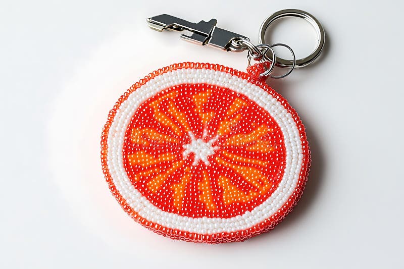 Silver Key with Beaded Orange Fruit Slice Keychain on a Clean White ...