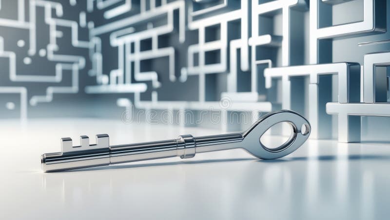Silver Key on Digital Maze Representing Encryption Stock Image - Image ...