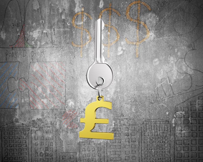 Silver Key with Golden Pound Symbol Shape Keyring Stock Illustration ...
