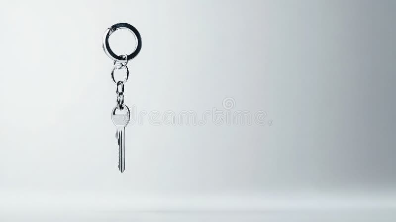 Silver Key Hanging from Metal Ring Keychain Levitating on White ...