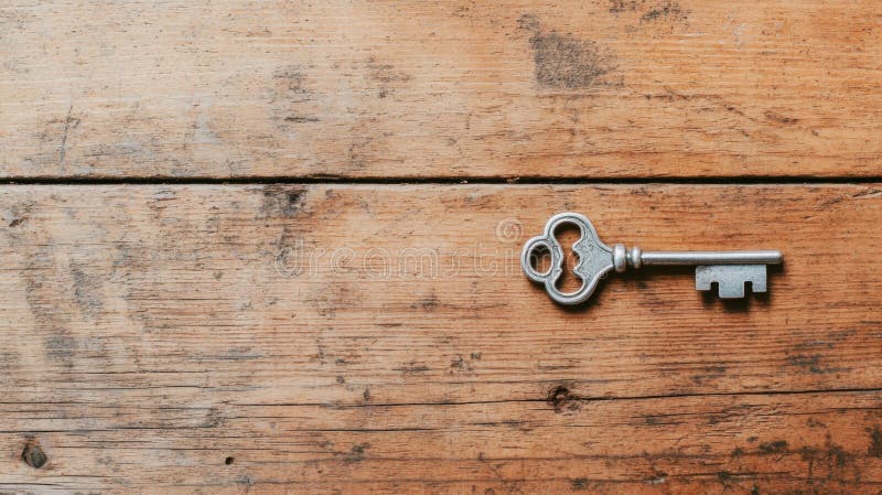 A Silver Key with a Keyhole on a Wooden Surface. Stock Image - Image of ...