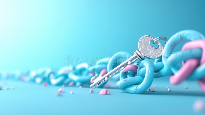 Silver Key Resting on a Tangled Pastel Blue and Pink Chain Abstract ...