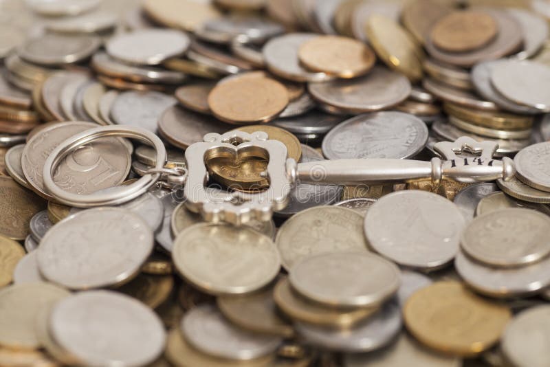 Silver Key on Stack of Coins Stock Image - Image of service, currency ...