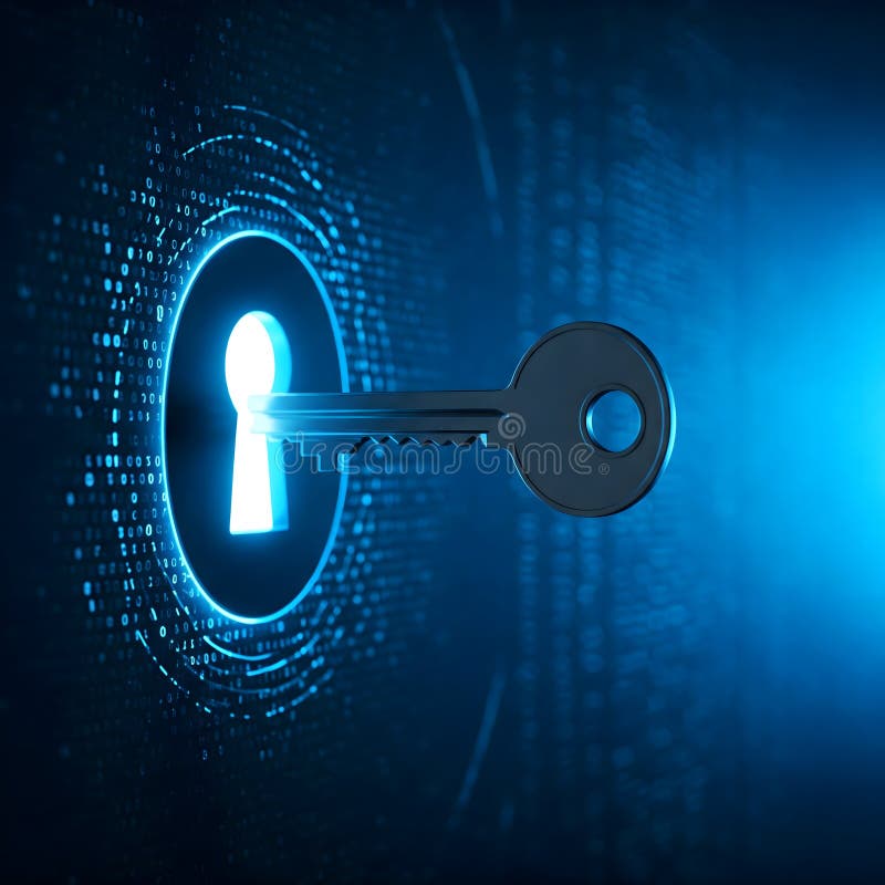 A Silver Key about To Enter a Glowing Keyhole Surrounded by Digital ...
