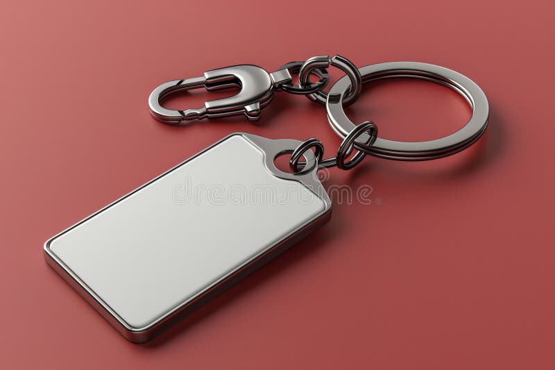Silver Keychain with Blank Tag on Red Background Stock Photo - Image of ...
