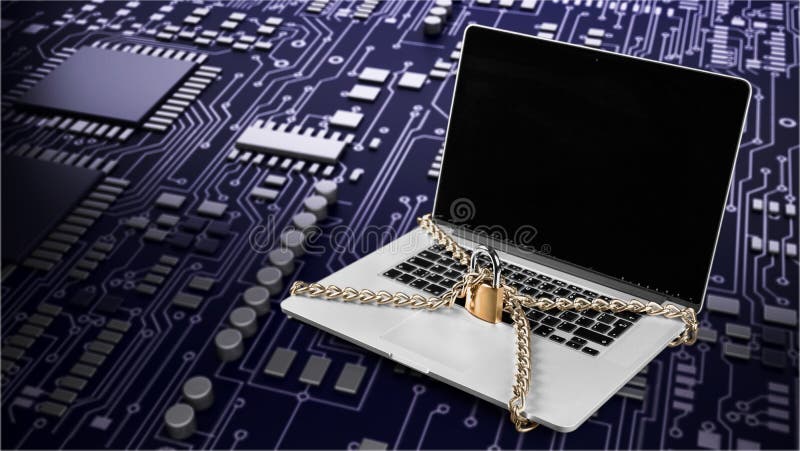 Silver Laptop with Big Lock and Circuit on Table Stock Photo - Image of ...