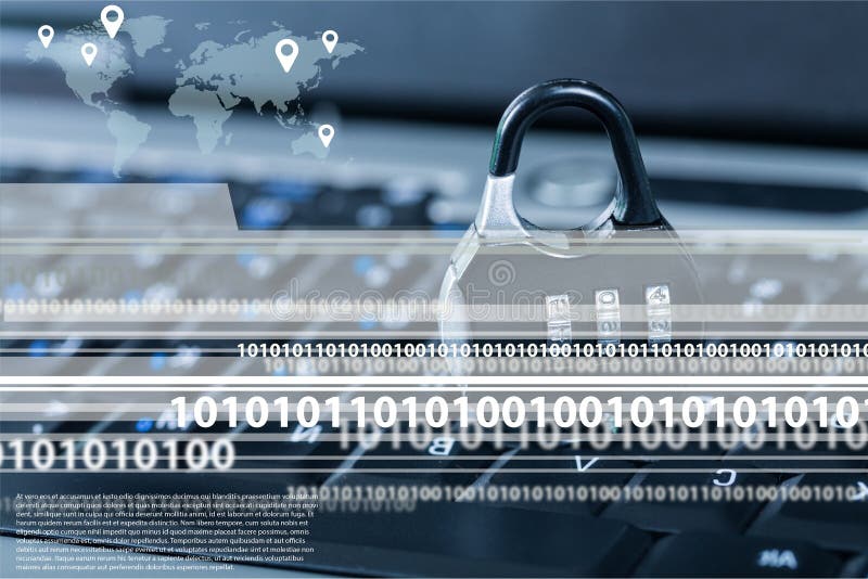 Silver Laptop with Big Lock and Icons on Table Stock Photo - Image of ...