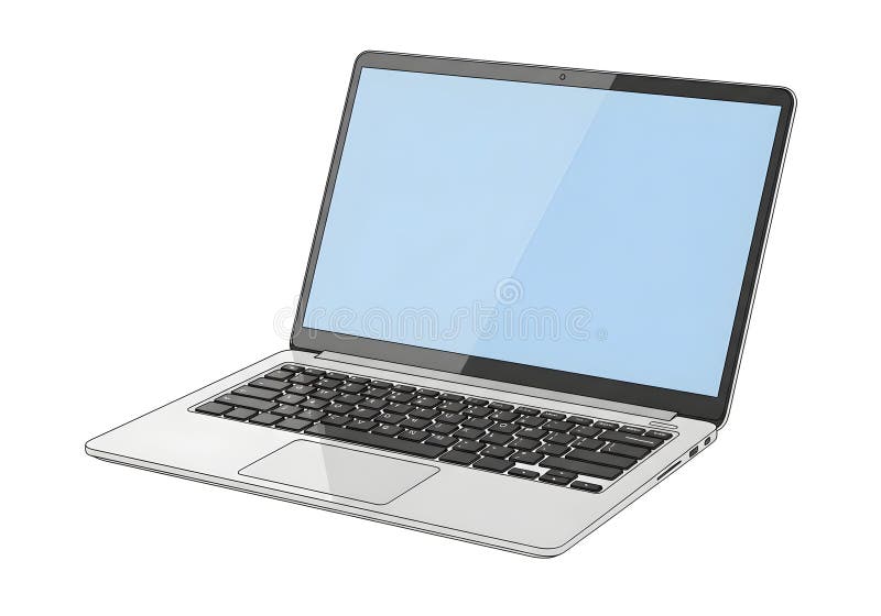 A Silver Laptop with a Black Keyboard and a Blank Blue Screen Stock ...
