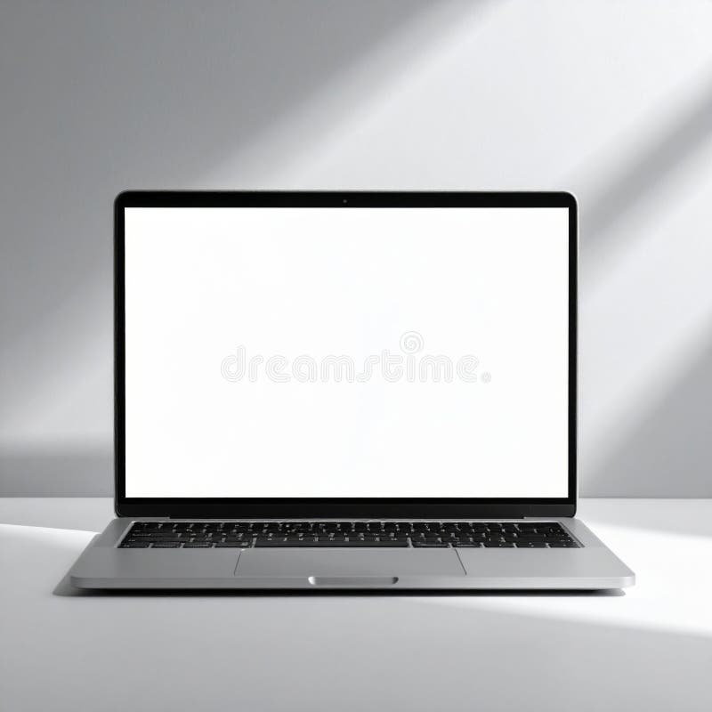 Silver Laptop with Blank Screen on White Desk Stock Illustration ...