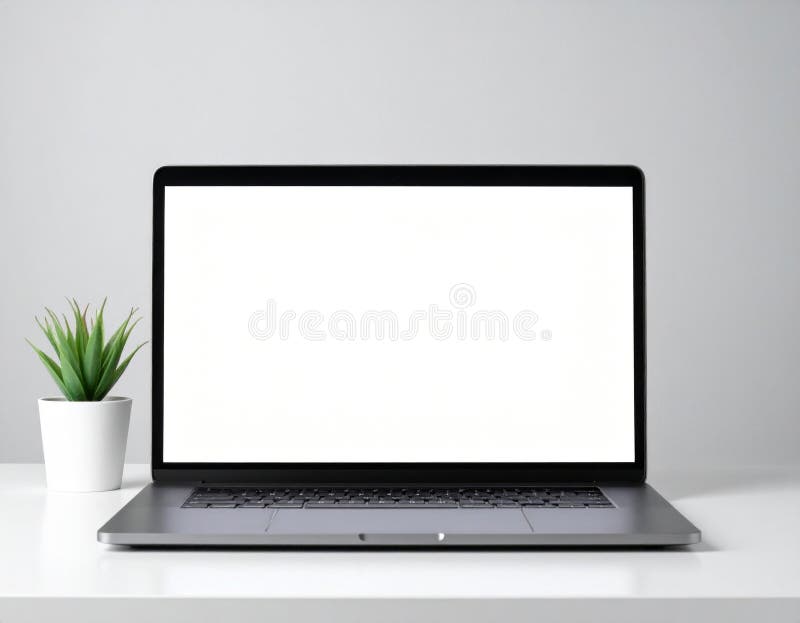 Silver Laptop with Blank Screen on White Desk Stock Illustration ...
