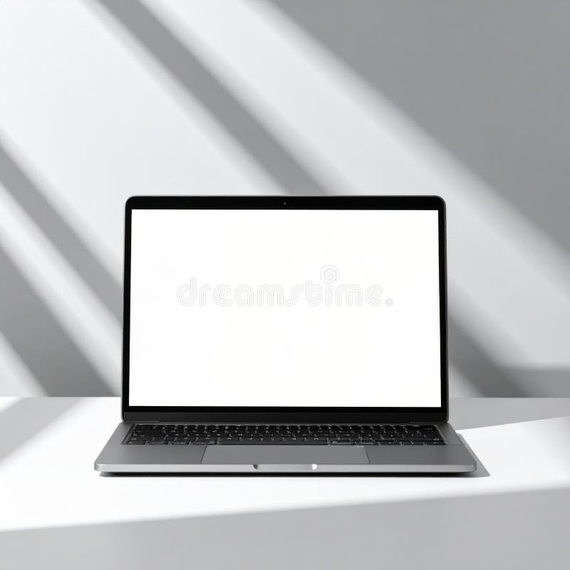 Silver Laptop with Blank Screen on White Desk in Sunlight Stock ...
