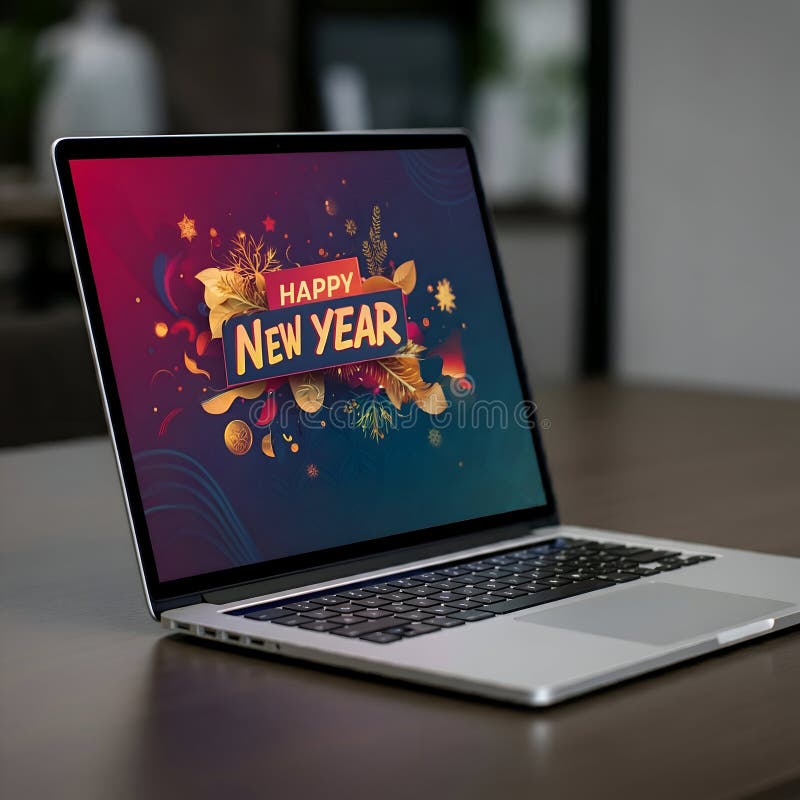 Silver Laptop Computer with Happy New Year Graphic on the Screen - AI ...