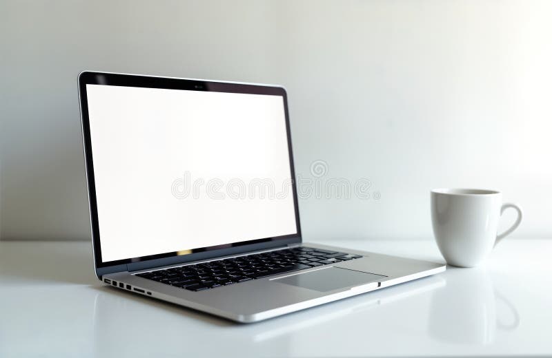 Silver Laptop with Empty White Screen Sits on White Table. Simple ...