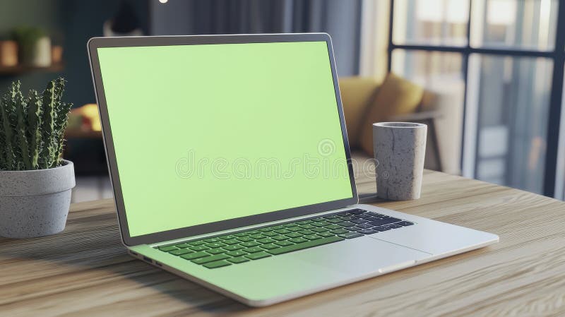 Silver Laptop Green Screen on Wooden Desk Stock Illustration ...