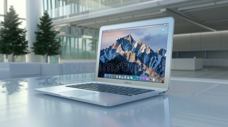 A Silver Laptop Rests on a Table with a Mountain Range Desktop ...
