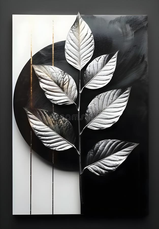 Silver Leaf Artwork on Black and White Background Generative AI Stock Illustration ...