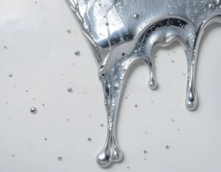 Silver Liquid Dripping with Tiny Spheres on Clean White Background ...
