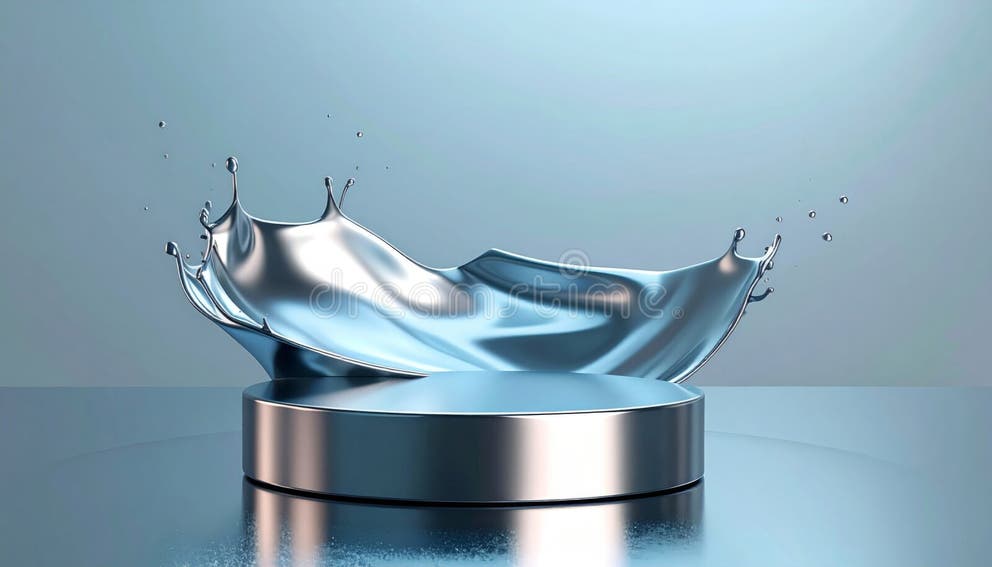 Silver Liquid Splash on a Circular Platform Stock Illustration ...