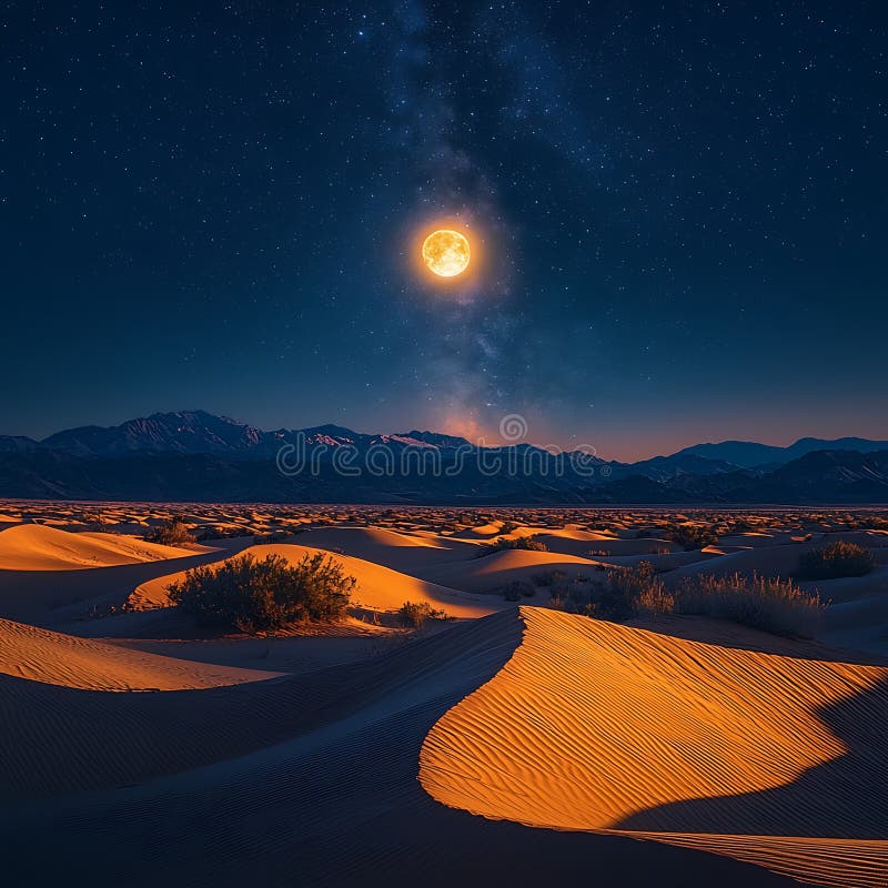 A Silver-lit Desert Glows Under the Full Moon. Stock Illustration ...