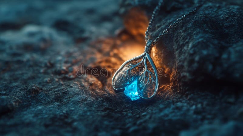 A Silver Lung Shaped Pendant with a Glowing Blue Crystal on a Weathered ...