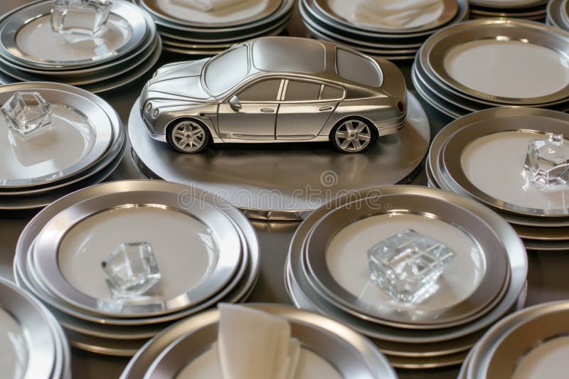 Silver Luxury Car Cake Surrounded by Sparkling Clean Plates Stock Photo ...