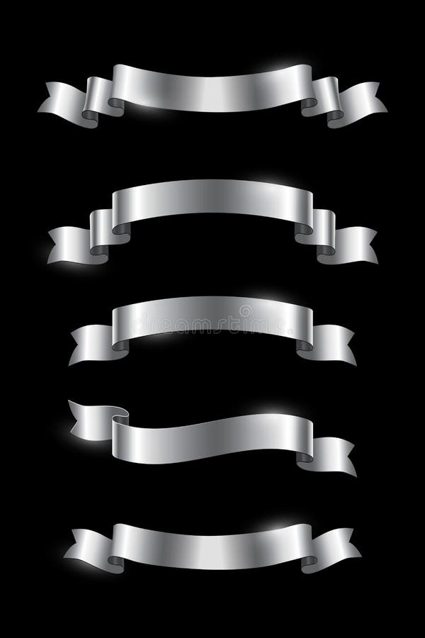 Silver Luxury Ribbons Set. Vector Design Elements Isolated on Black ...