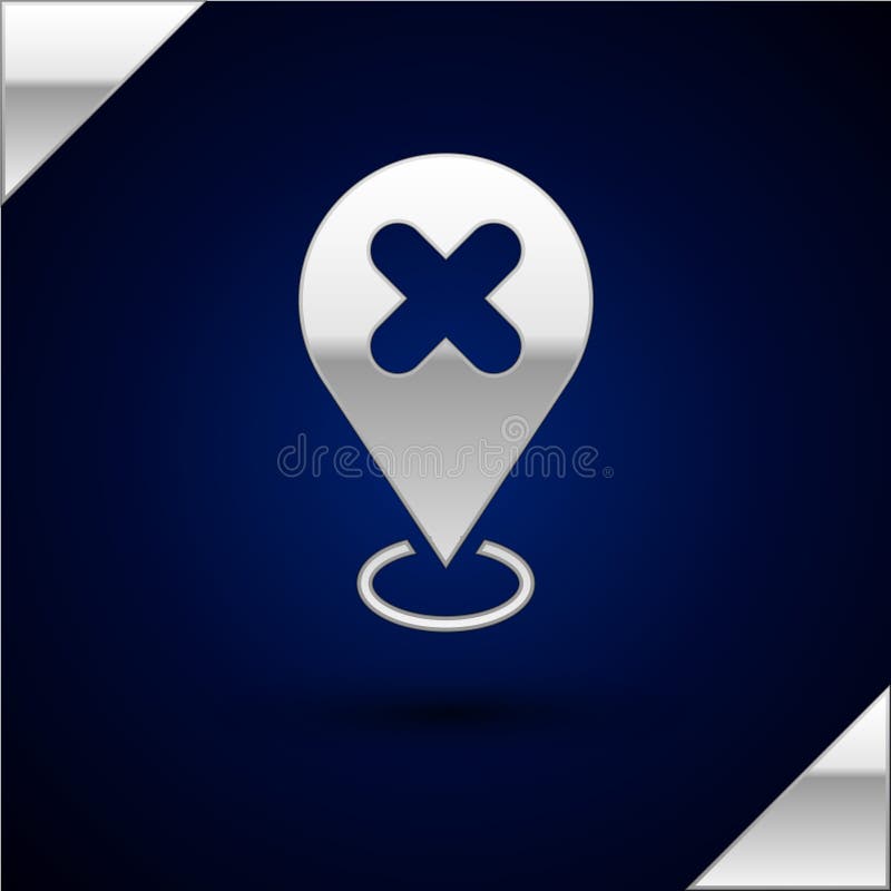 Silver Map Pin with Cross Mark Icon Isolated on Dark Blue Background ...