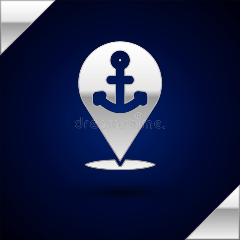 Silver Map Pointer with Anchor Icon Isolated on Dark Blue Background ...
