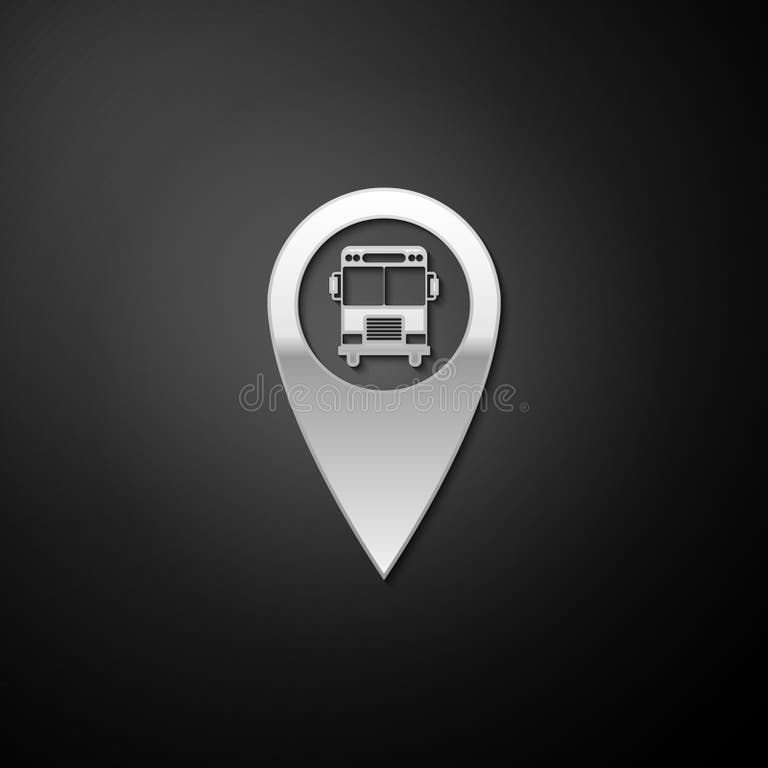 Silver Map Pointer with Bus Icon Isolated on Black Background. Long Shadow Style Stock Vector ...