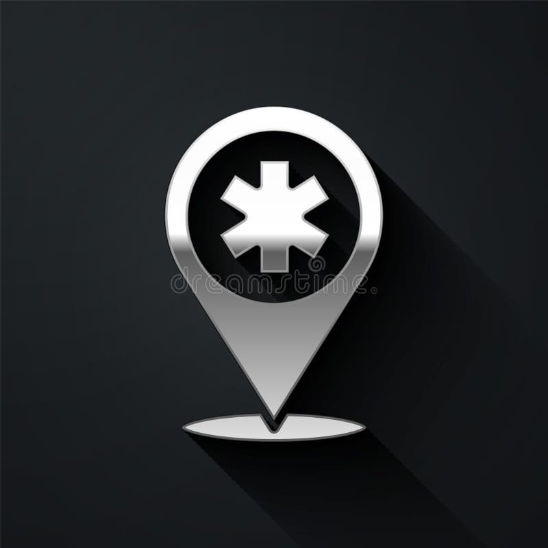Silver Medical Map Pointer with Cross Hospital Icon Isolated on Black ...