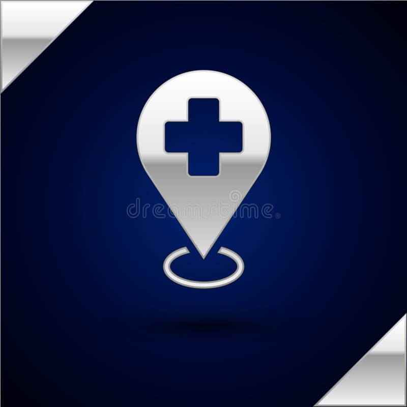 Silver Medical Map Pointer with Cross Hospital Icon Isolated on Dark ...