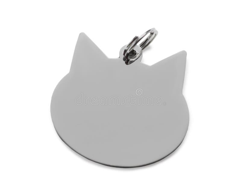 Silver Metal Cat Shaped Tag Isolated on White. Pet Accessory Stock ...
