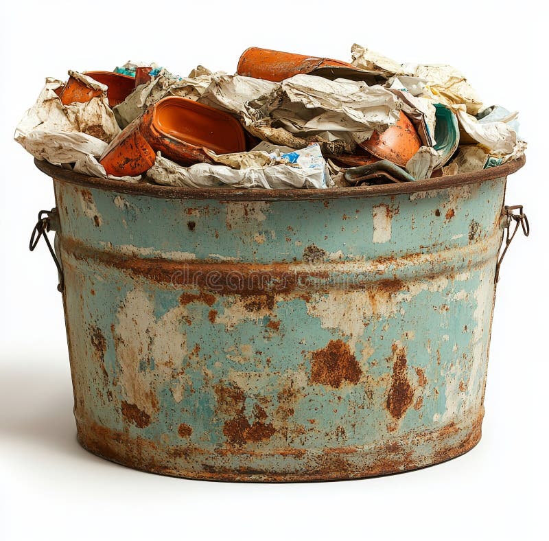 A Silver Metal Container Filled with Trash is Set Against a Transparent ...