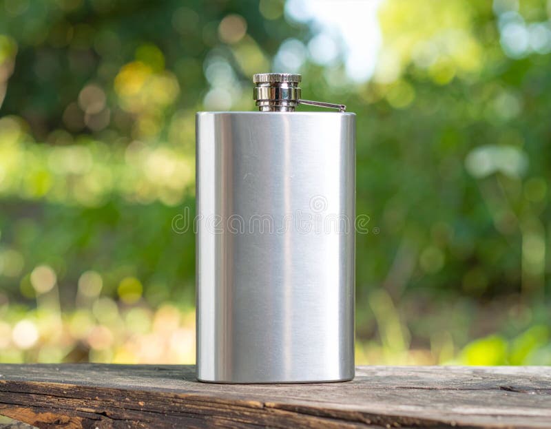 Silver Metal Flask on Wooden Surface Outdoors Stock Illustration ...