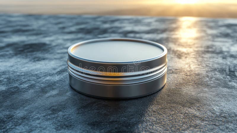 Silver Metal Tin Container on Textured Surface at Sunset Stock ...