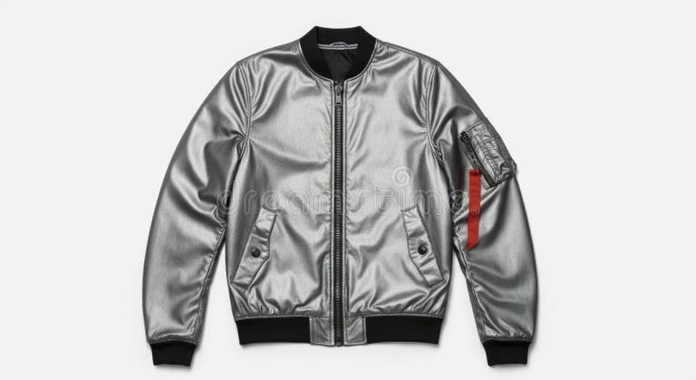 Silver Metallic Bomber Jacket with Black Collar and Orange Inner Lining ...