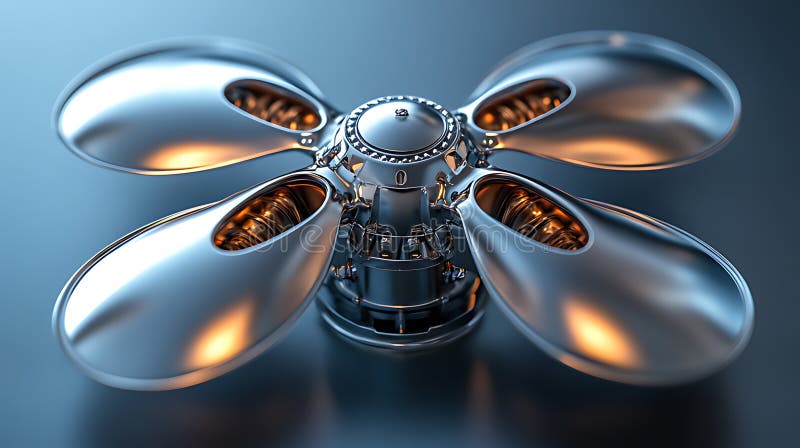 A Silver, Metallic, Futuristic Propeller with Four Blades on a Blue ...