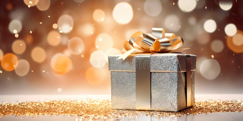 Silver Metallic Gift Box Against a Shimmering Gold Glitter Background ...