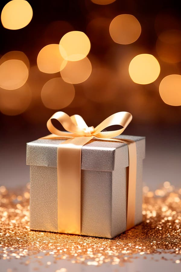 Silver Metallic Gift Box Against a Shimmering Gold Glitter Background ...